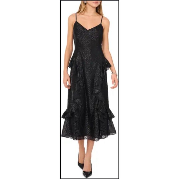 1. State | Dresses | State Metallic Tiered Ruffle Midi Dress Black Size ...